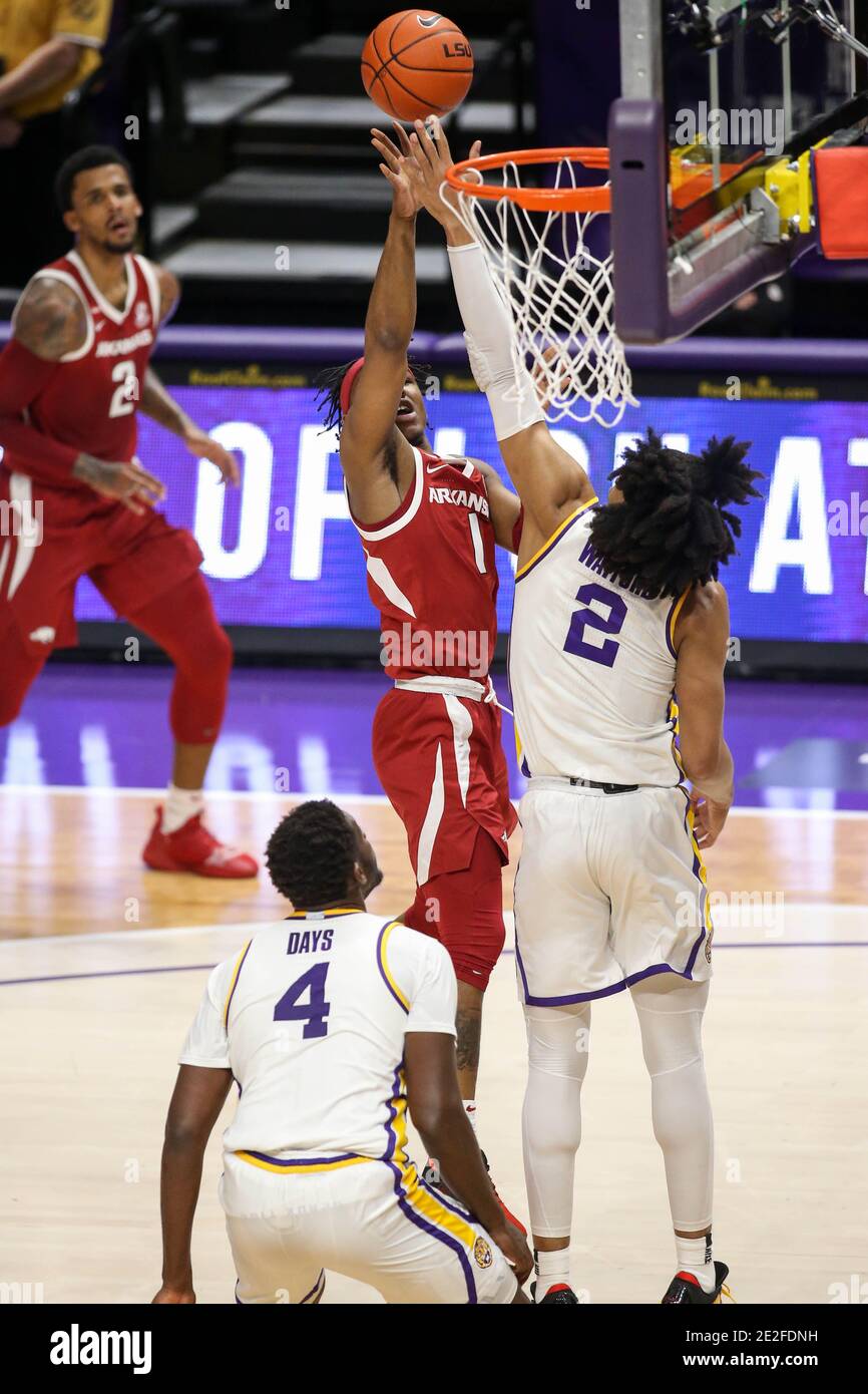 Baton Rouge, LA, USA. 13th Jan, 2021. Arkansas' JD Notae (1) puts up a ...