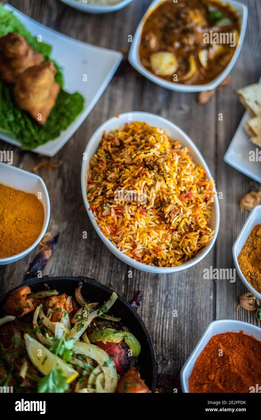 mouth watering indian restaurant food platter Stock Photo - Alamy