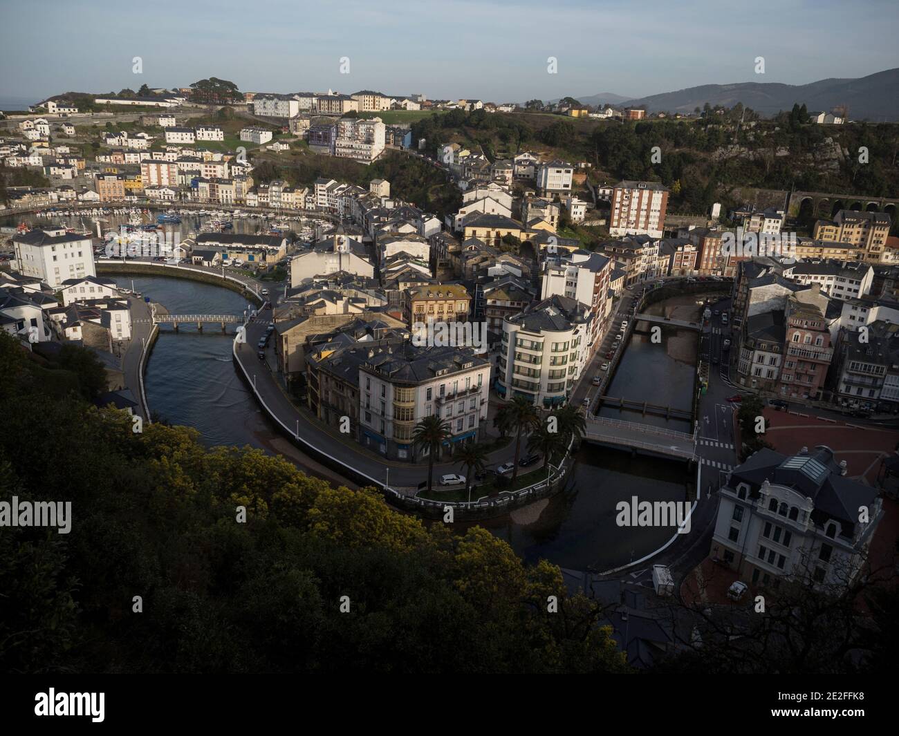 Panorama cityscape of Lluarca Luarca fishing town historic architecture ...