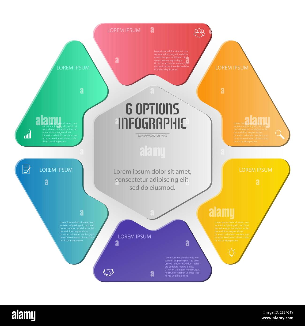 Hexagon infographics. The triangular diagram is divided into 6 parts ...