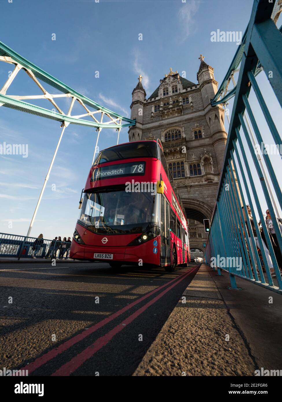 Panorama view of iconic red double-decker bus famous landmark Tower ...
