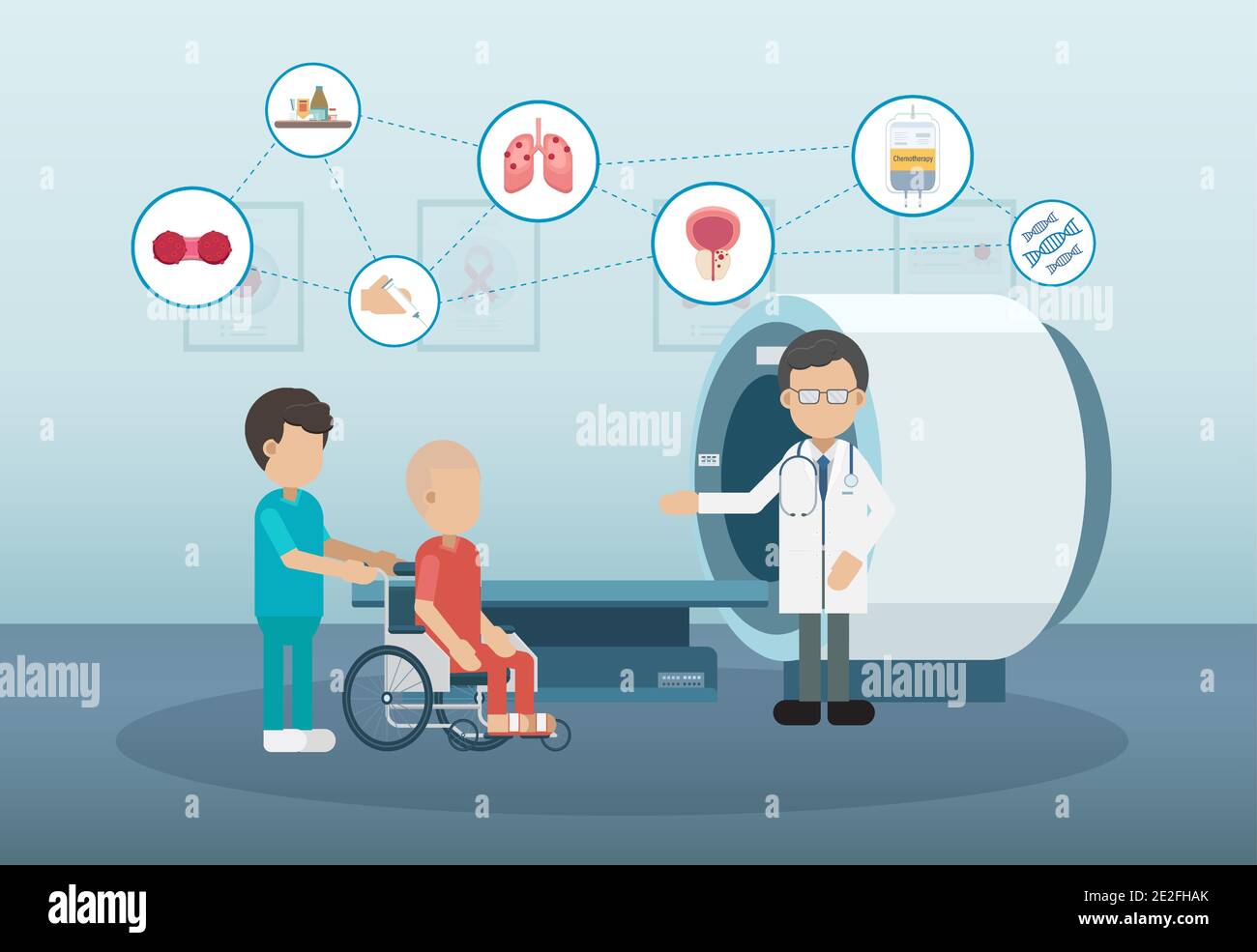 Doctor with cancer patient and icons flat design vector illustration ...
