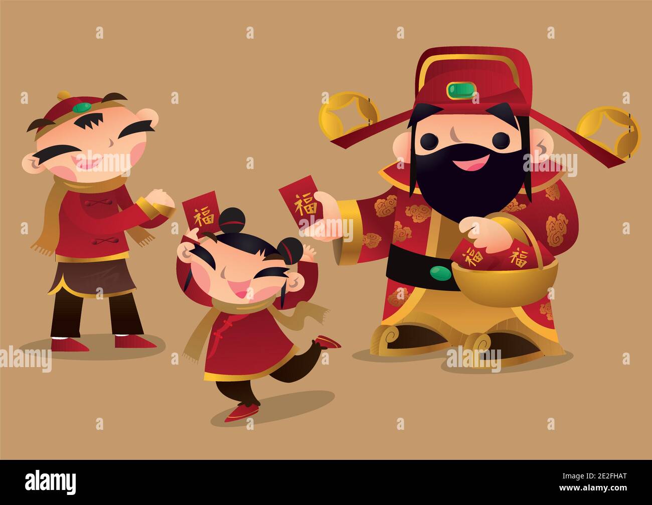 Chinese God of prosperity gives Red Packets to children Stock Vector ...