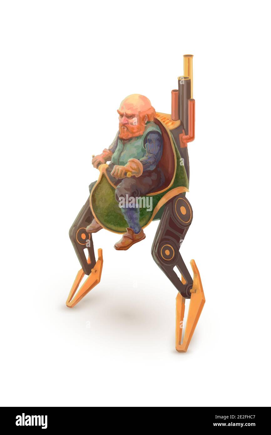 Cartoon engineer, dwarf mechanic character on mechanism in steampunk ...