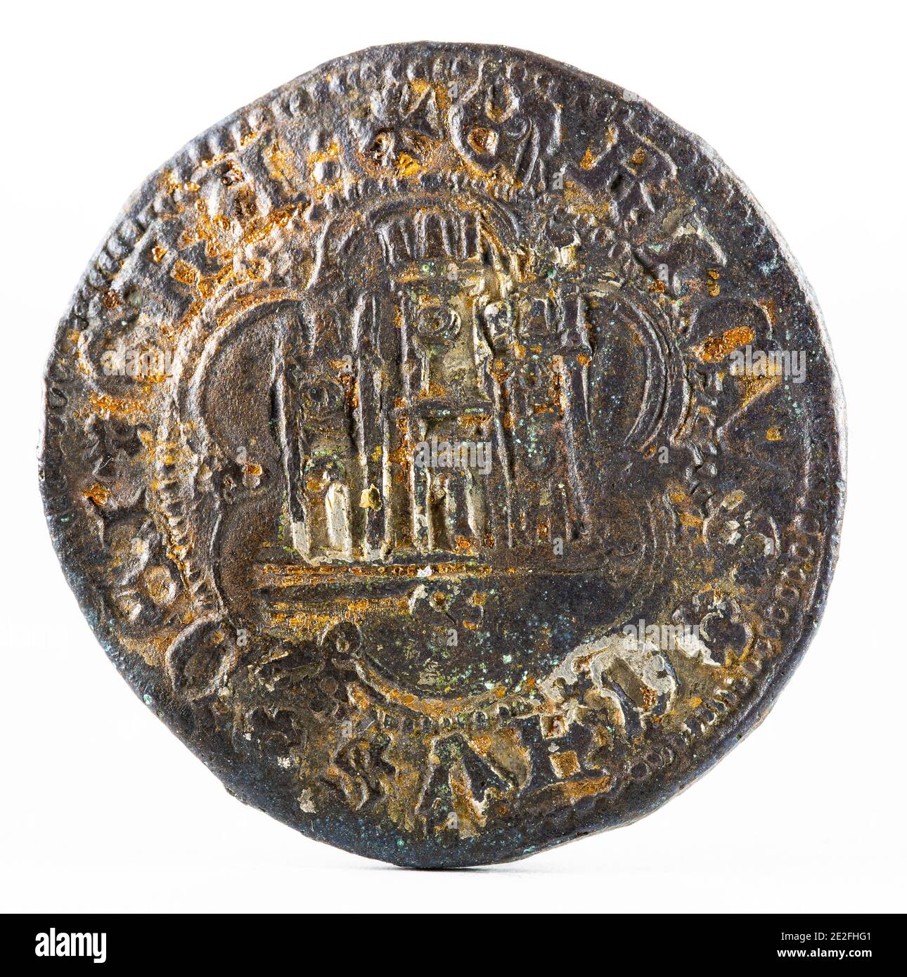 Closeup shot of an ancient medieval fleece coin of King Enrique IV ...