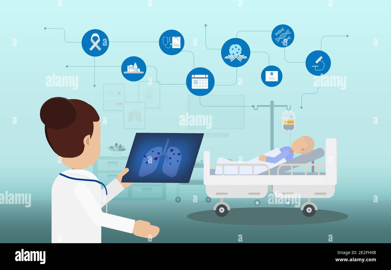 Chemotherapy room with doctor and icons flat design vector illustration ...