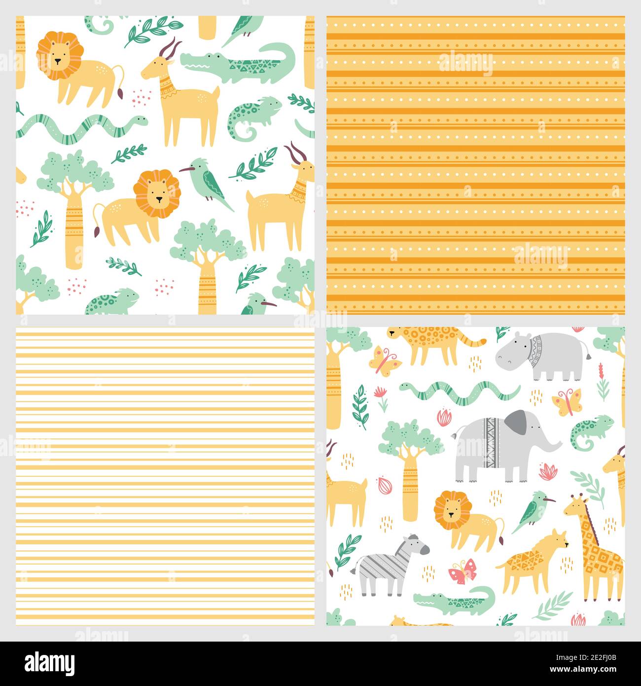 Set of seamless pattern with cute african zoo animals. Flat and simple ...
