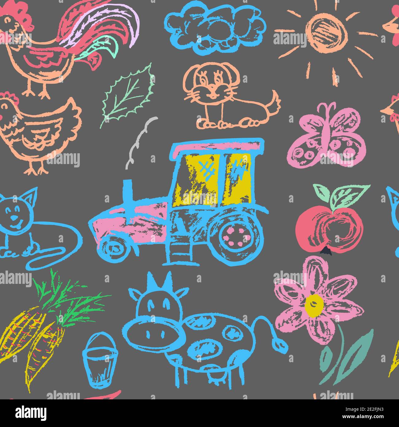 Seamless children's drawing. Colored wax crayons. Icons, signs, symbols ...