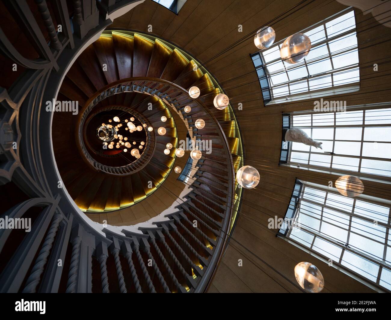 Panorama view of Cecil Brewer spiral staircase stairway at Heals store ...