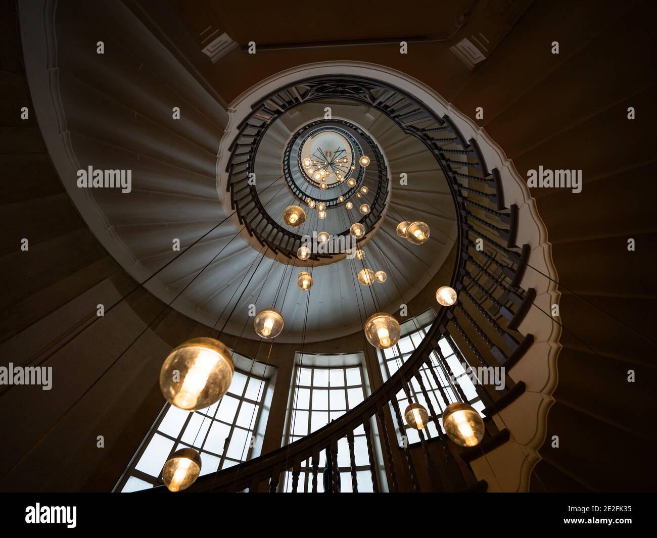 Panorama view of Cecil Brewer spiral staircase stairway at Heals store ...