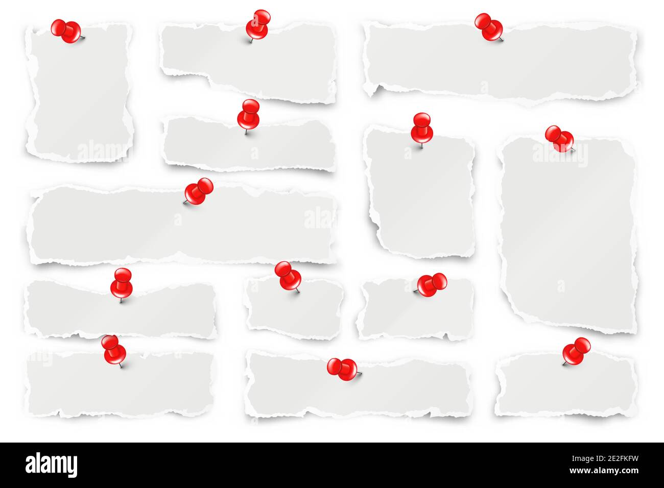 Ripped paper strips with red push pins. Realistic crumpled paper scraps ...