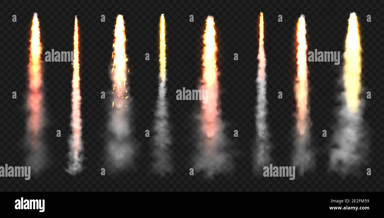 Realistic space rocket launch trails. Fire burst, explosion. Missile or ...