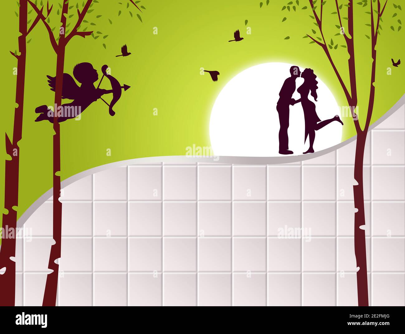 Background with white tiles, trees and lovers in the background of the ...