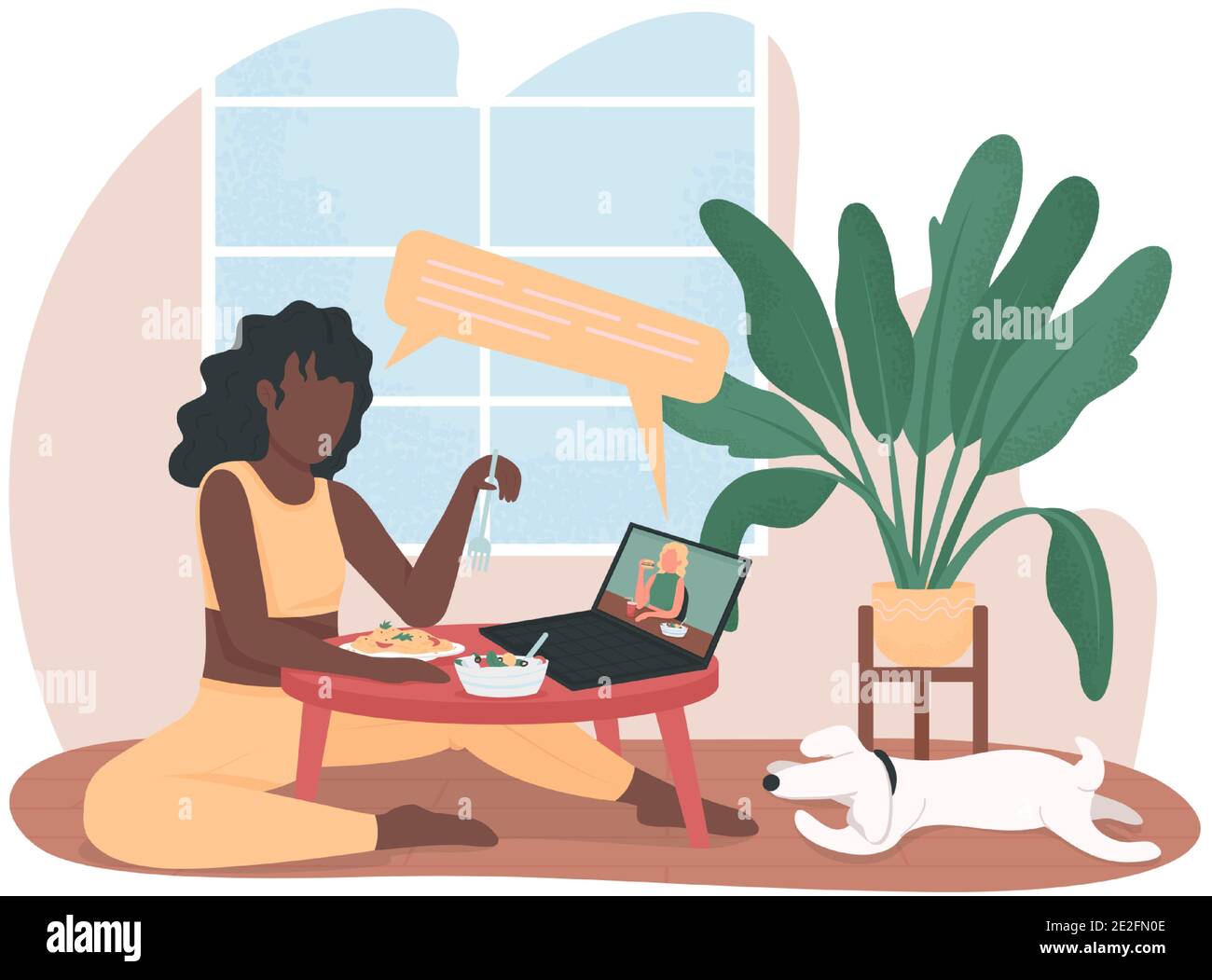 Women on video call during dinner at home 2D vector web banner, poster ...