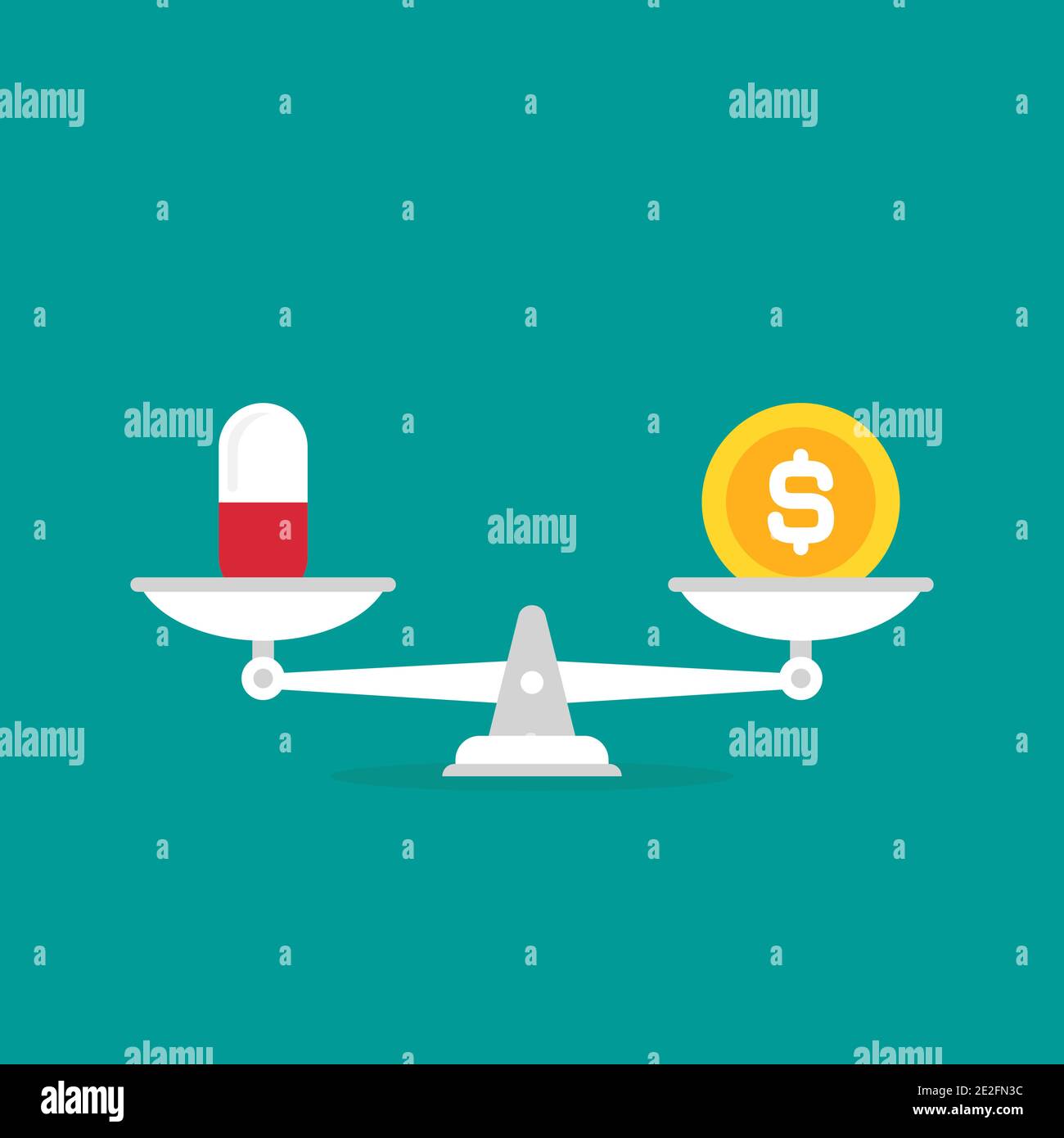 White mechanical scales with dollar coins and pill, drug in pans ...