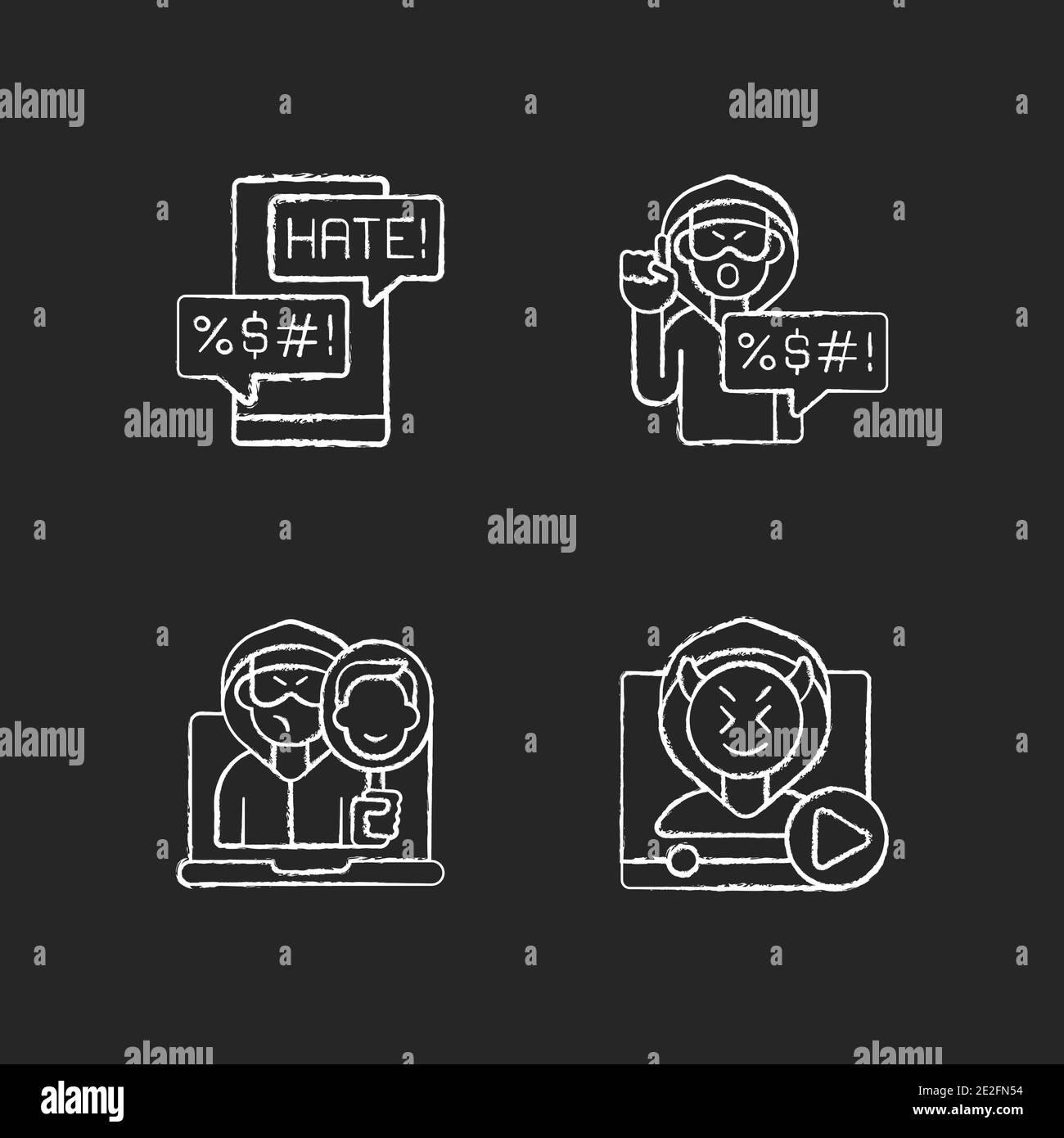 Online bullying chalk white icons set on black background Stock Vector ...