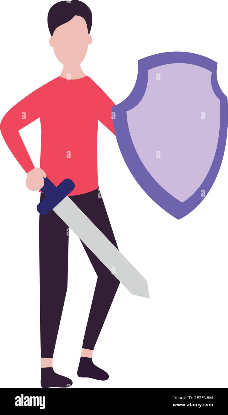 man standing protecting himself from covid with a shield and sword over ...
