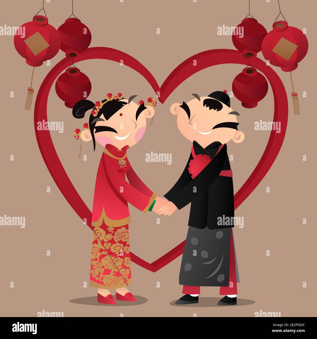 Cartoon illustration of a Chinese couple wear with traditional Chinese ...