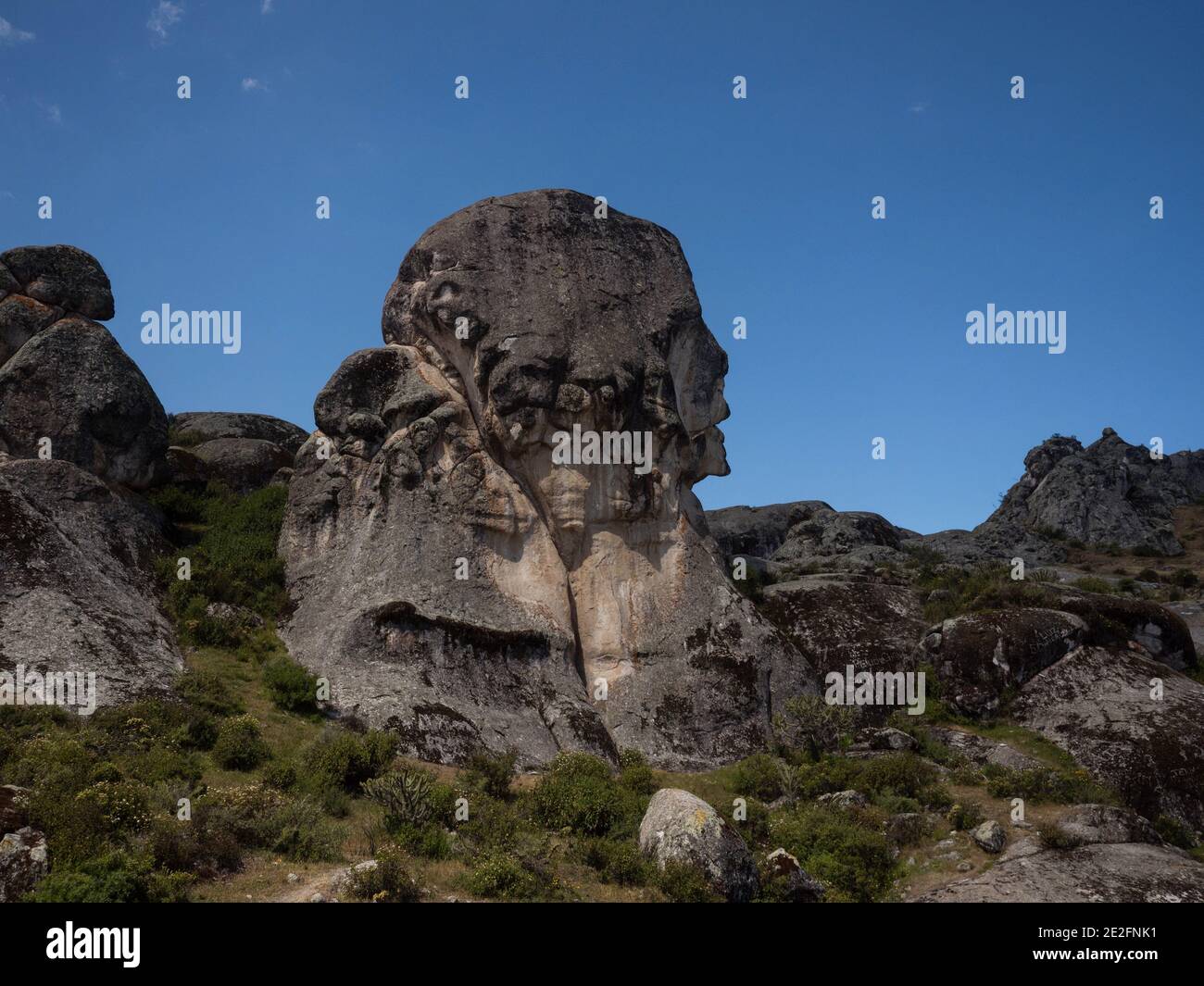 Panorama view of head shaped rock formation at Marcahuasi andes plateau ...
