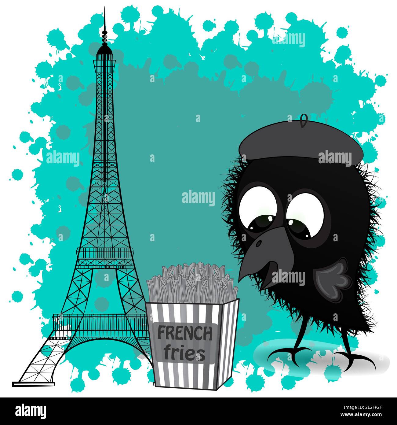 The Eiffel Tower and the little crow. Vector illustration.Cute little ...