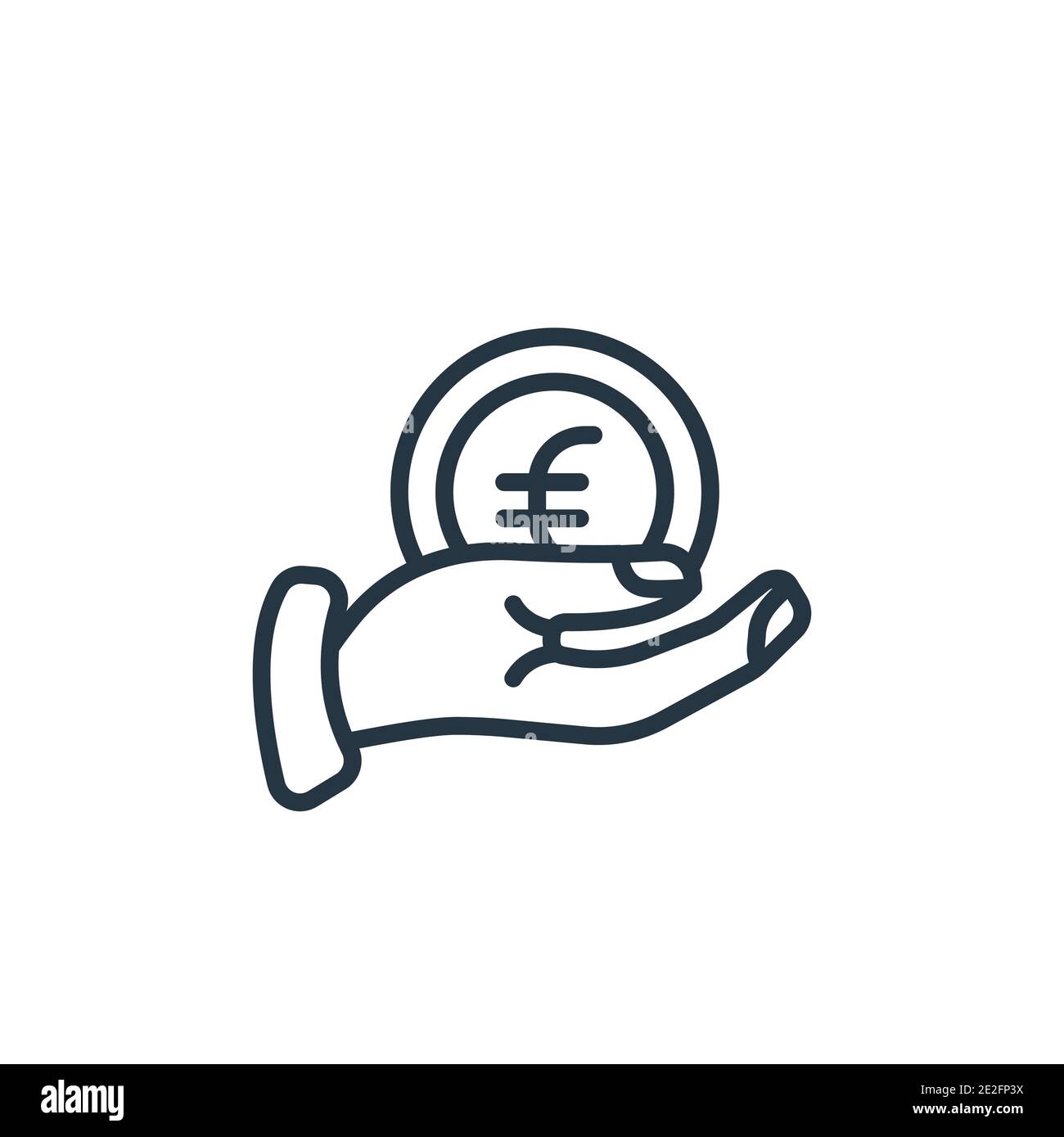 Euro coin on hands outline vector icon. Thin line black euro coin on ...
