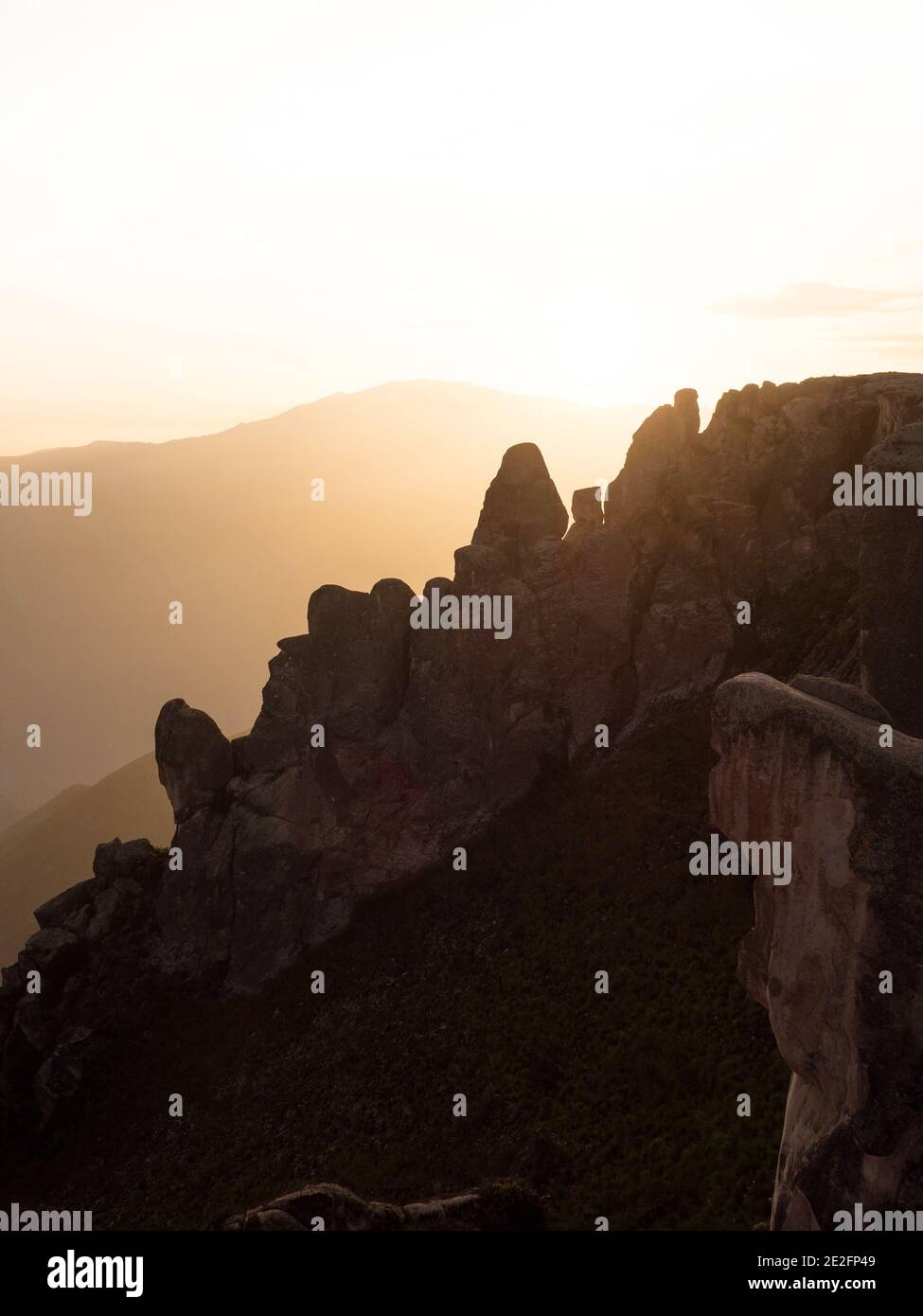 Sunset panorama view of Marcahuasi andes plateau meseta rock formations ...
