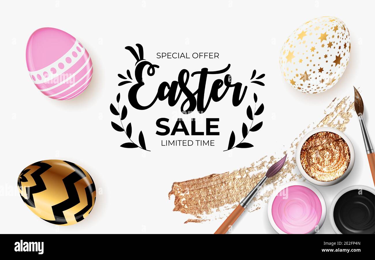Easter sale poster template with 3d realistic Easter eggs and paint ...