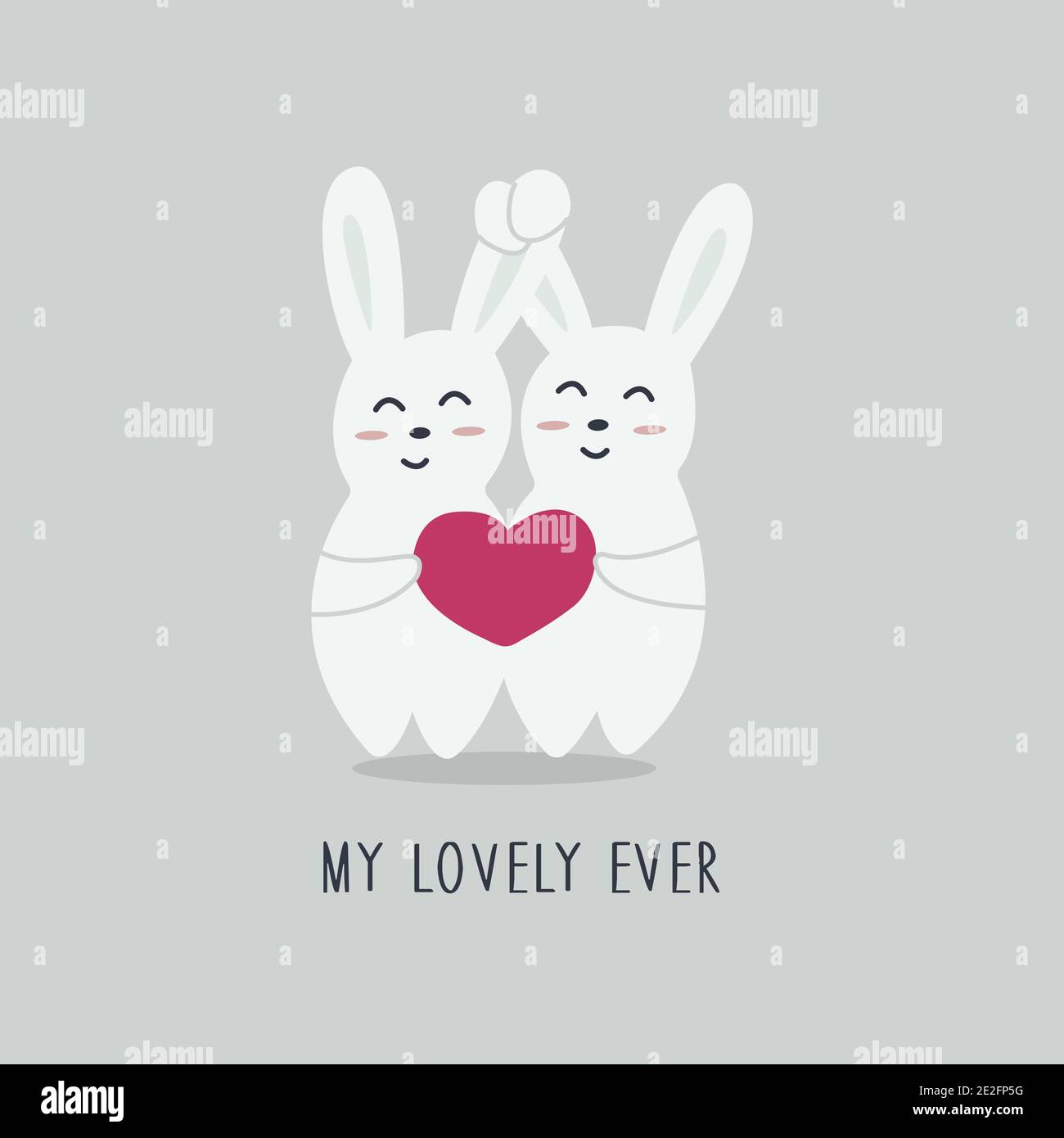 Cute couple of hares in love hold pink heart in their paws. Phrase my ...