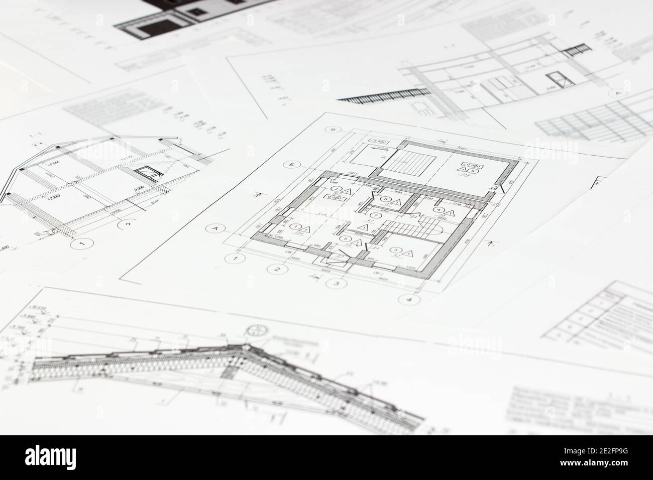 High angle view on architectural plans. Architectural design projects ...