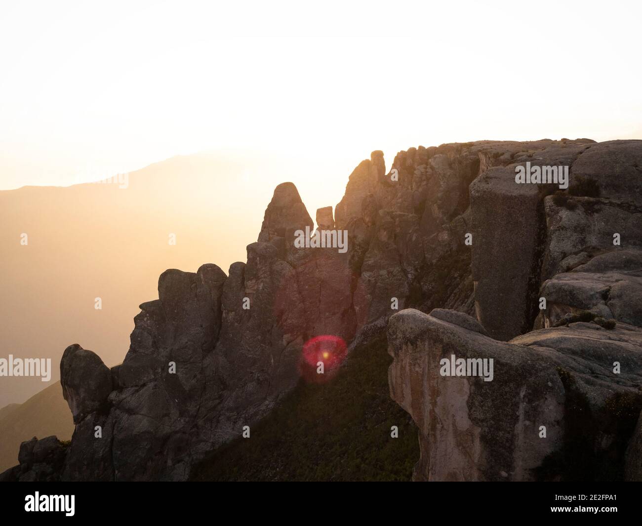 Sunset panorama view of Marcahuasi andes plateau meseta rock formations ...