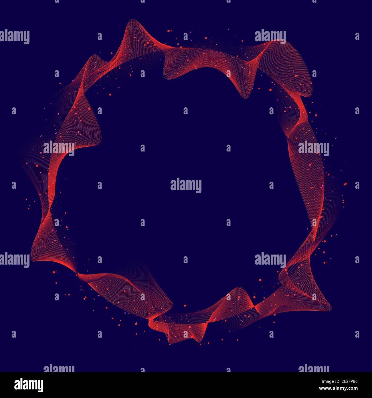 Abstract illuminated red dynamic circle waves line of particles array ...