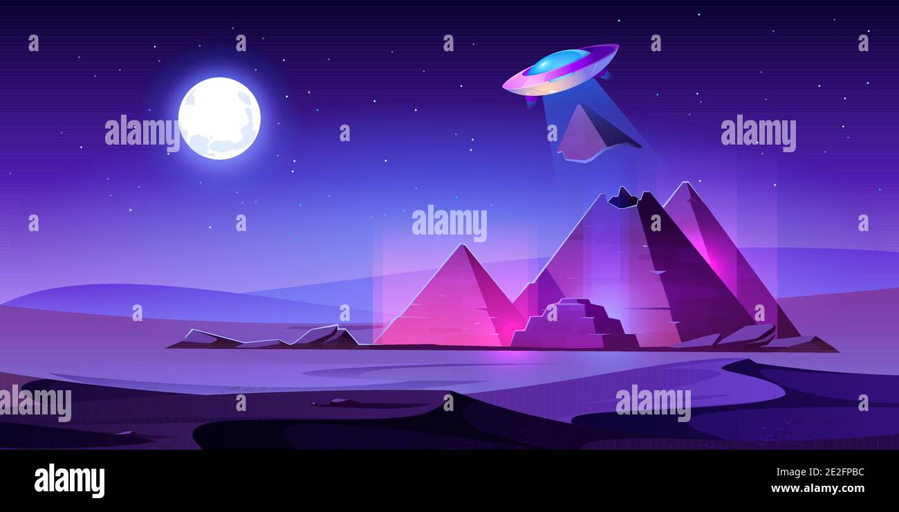 Ufo steal Egypt pyramids top in night desert, alien saucer pull piece ...