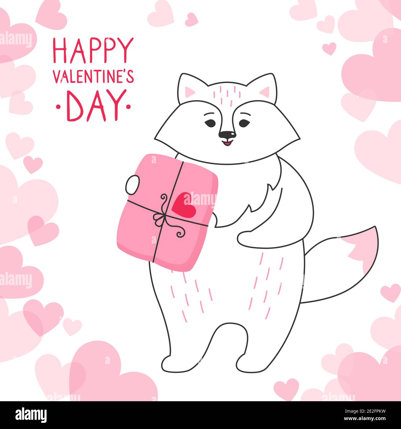 Fox with postal parcel, Happy valentines Day greeting card. Draw doodle ...