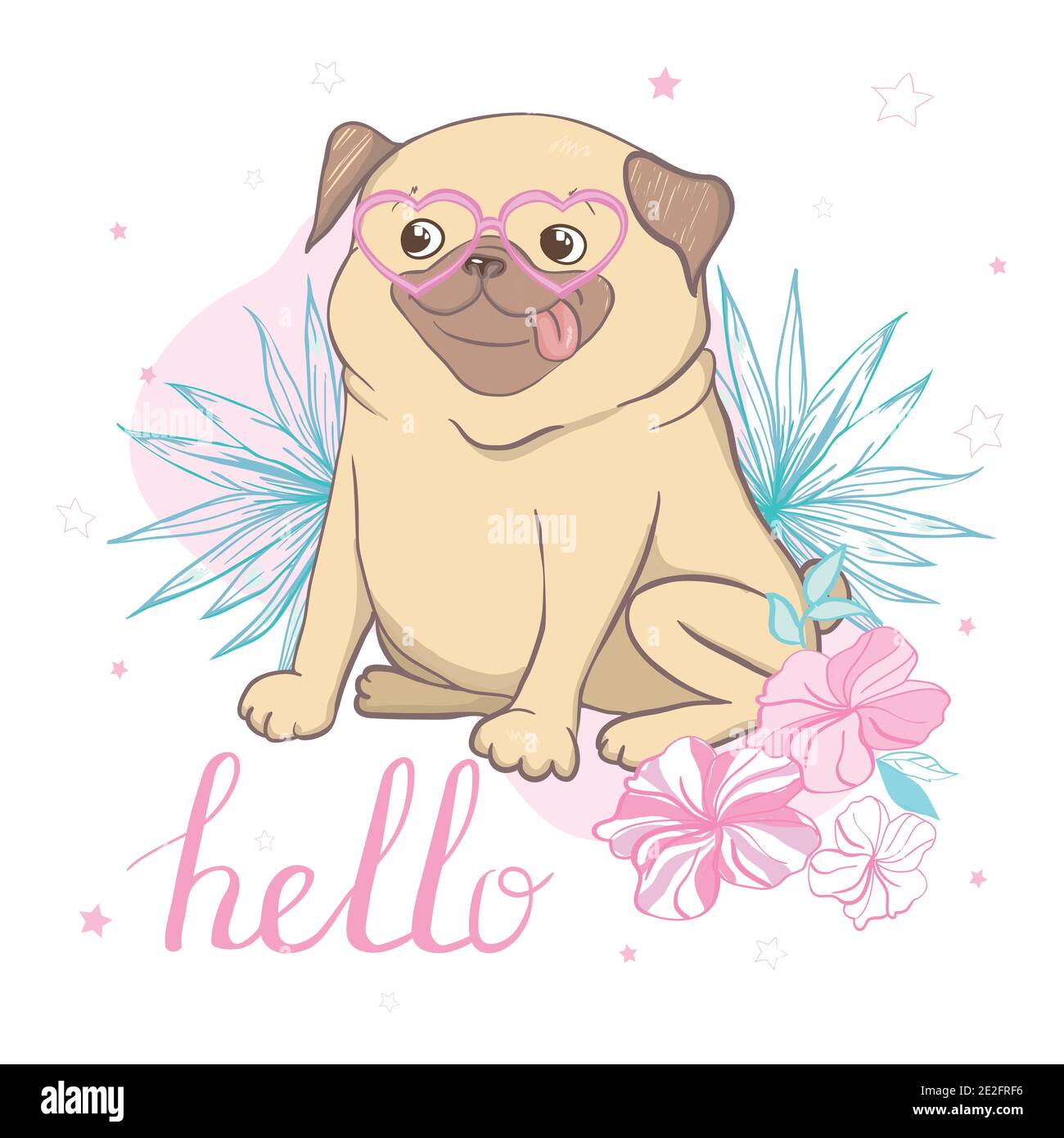 Cute cartoon pugs wearing glasses. Vector dog illustration on white ...