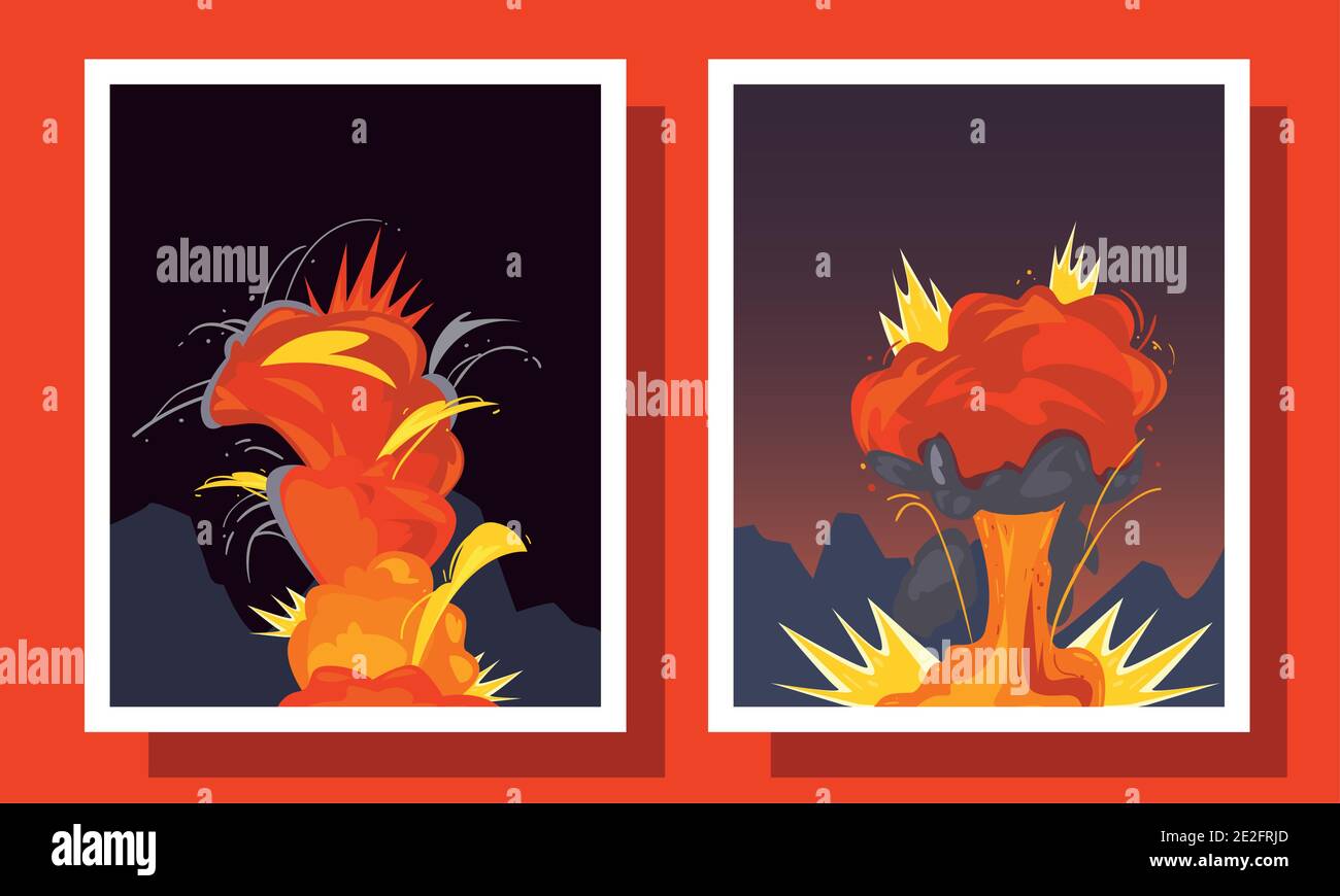 Military explosion flame icon set frames design, Weapon destruction war ...