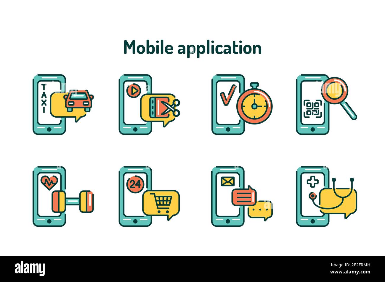 Mobile applications in smartphone color line icons set. Pictograms for ...