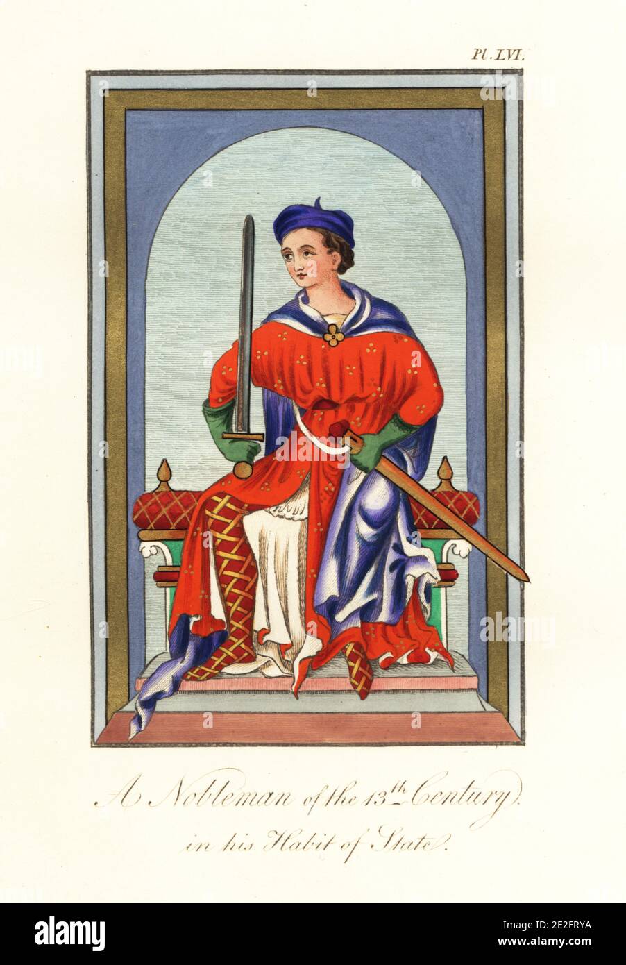 Nobleman in cap, mantle, surtout, laced hose, seated on a throne with ...