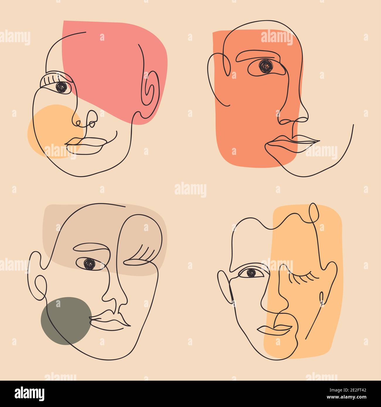 hand drawn modern abstract faces collection over orange background ...