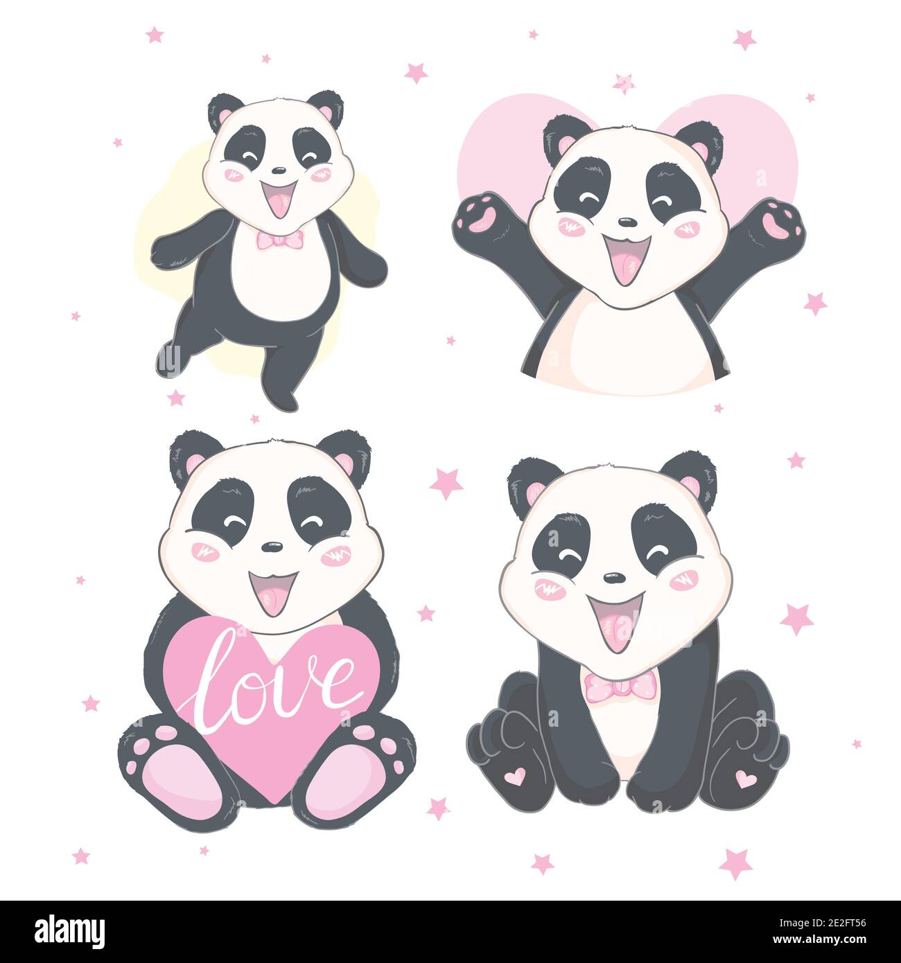 Panda set illustration, cute hand drawn cards, brochures, invitations ...