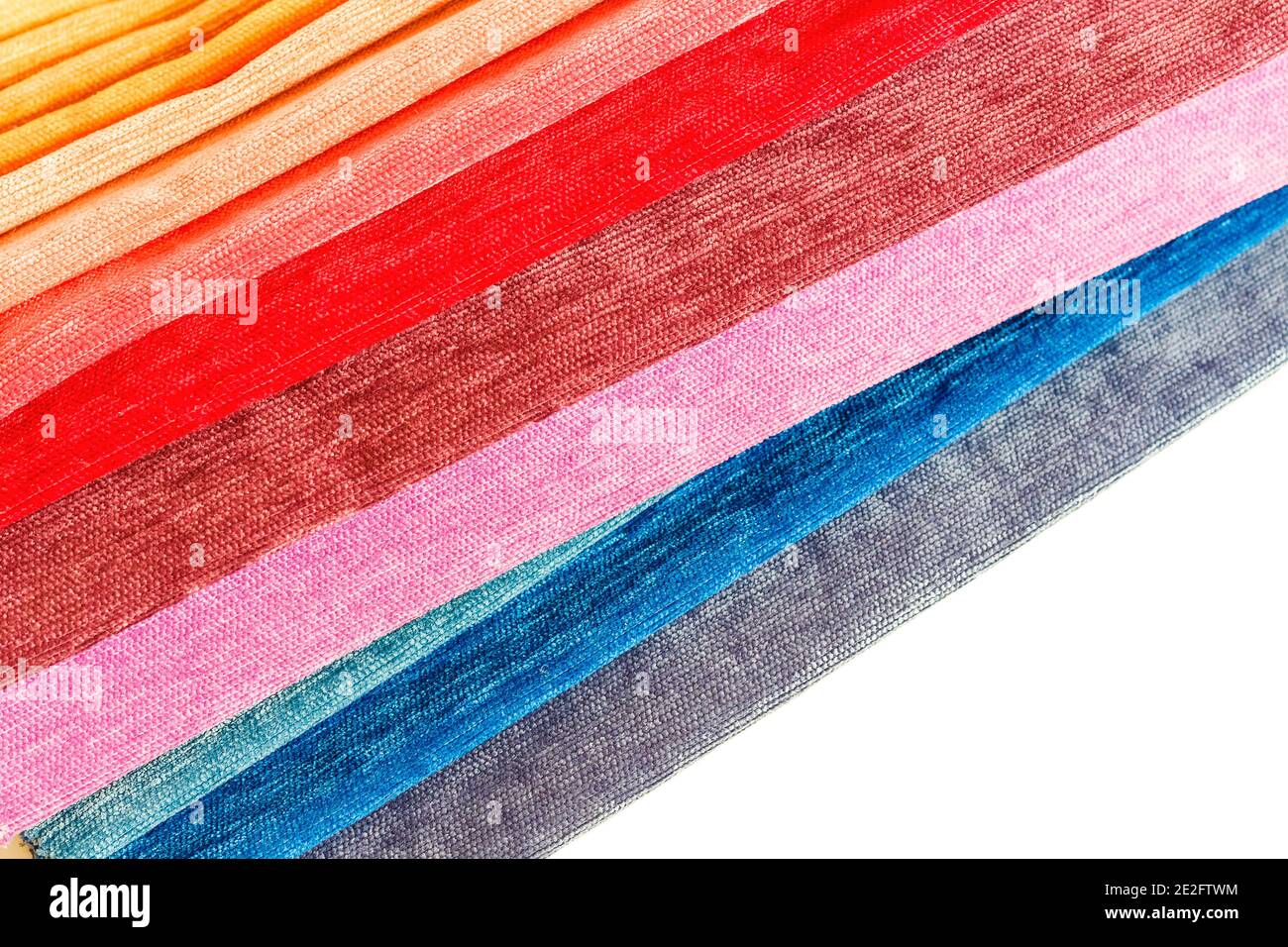 Colorful fabric samples. Bright collection of cloth close-up on white ...