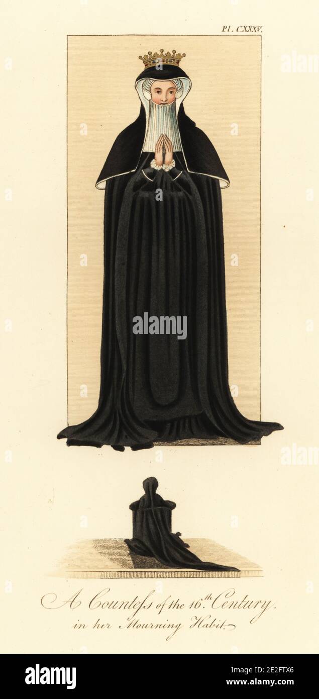 Countess in prayer with crown, black hooded mourning habit, Paris hede ...