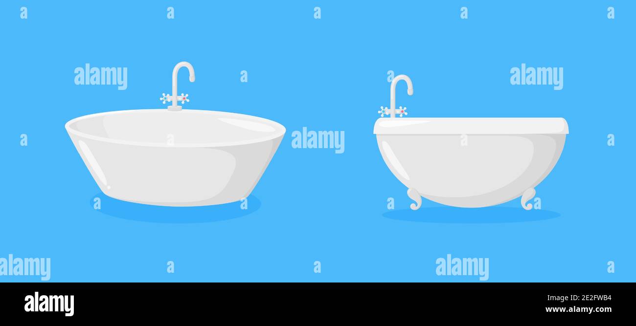 Bathtubs with faucets. Luxury ellipse tubs with tap isolated in blue ...