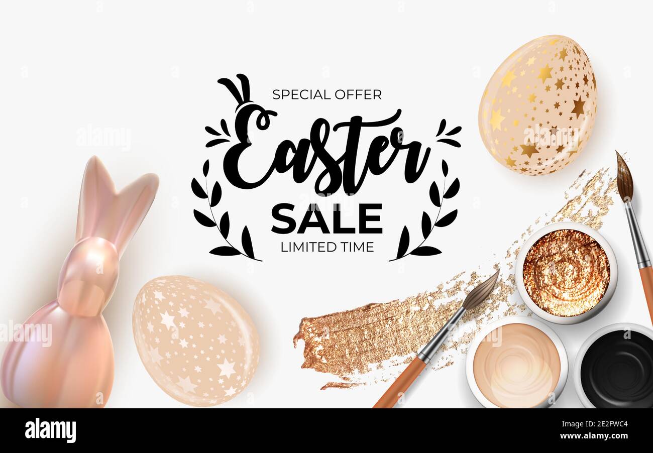 Easter sale poster template with 3d realistic Easter eggs and paint ...