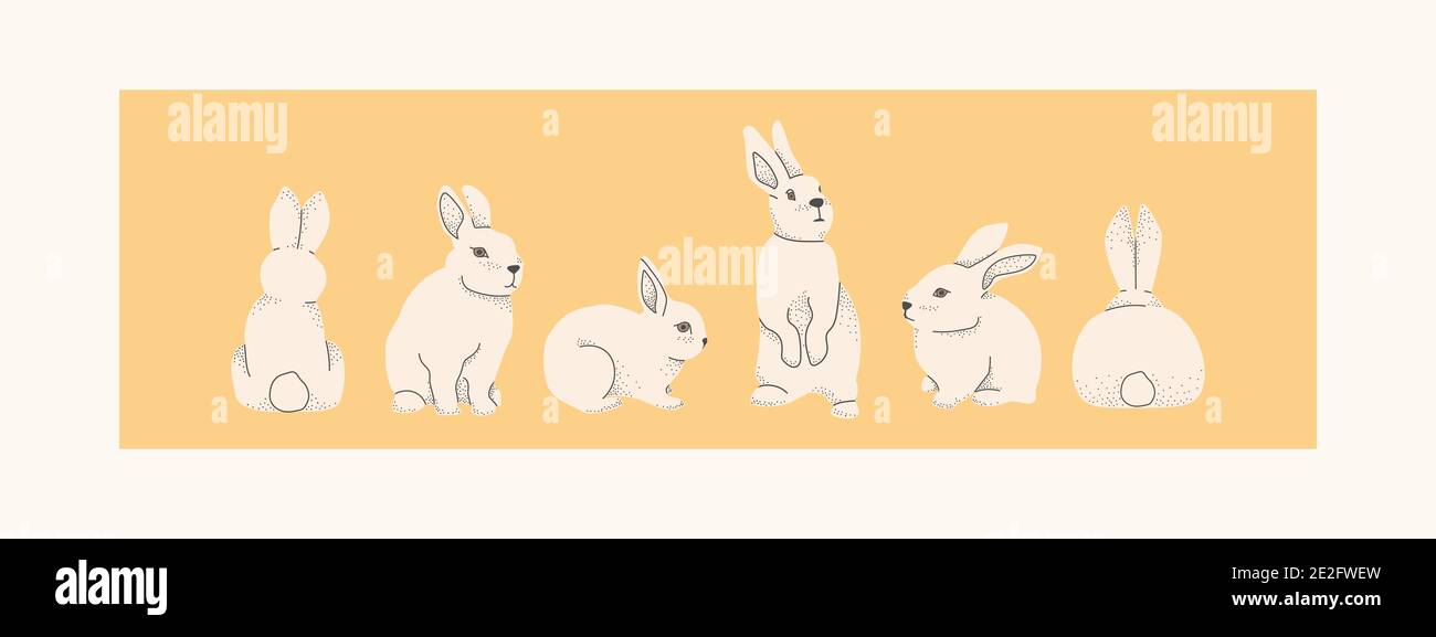 Rabbits, hares or Easter bunnies. In different poses and different ...