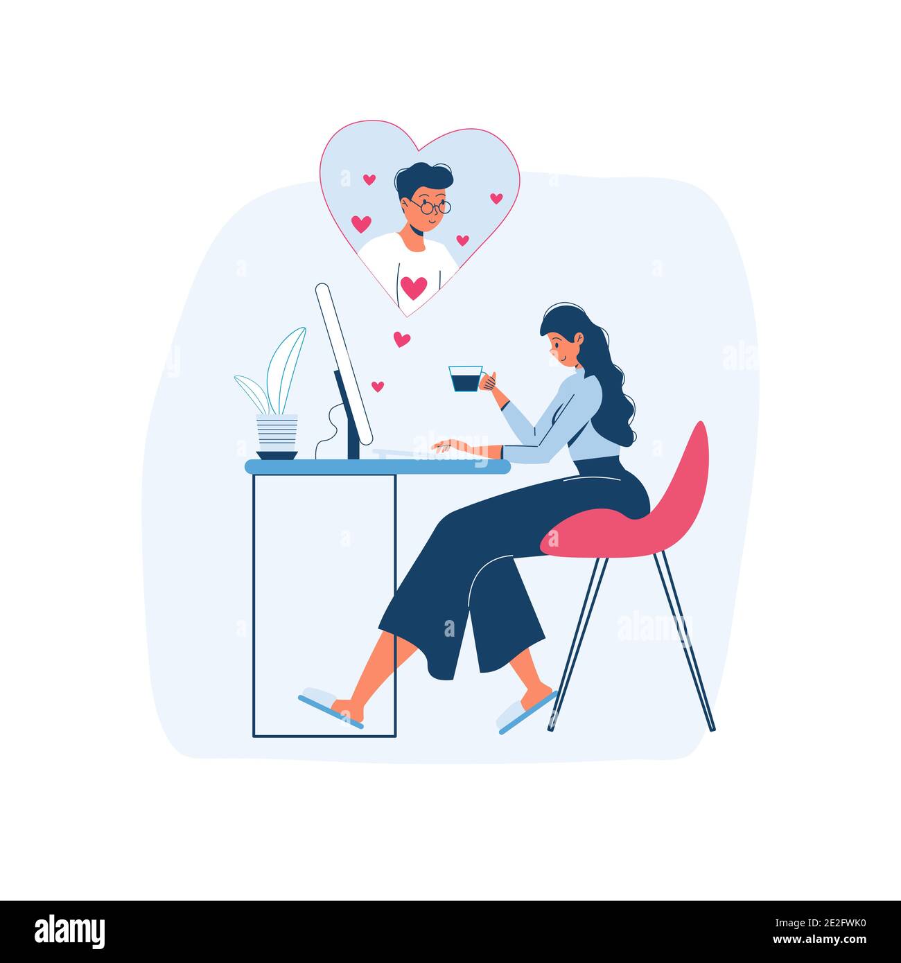 Flat cartoon characters couple in love communicate online,Valentine Day ...