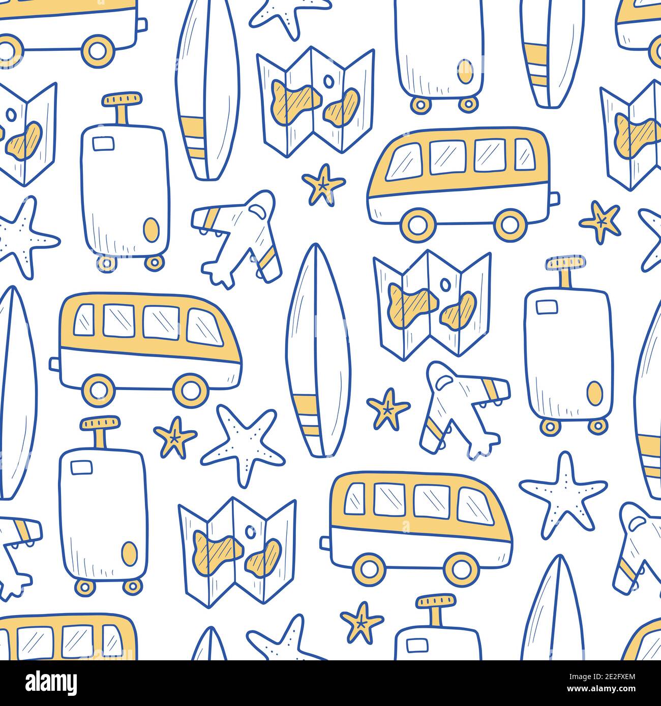 Hand drawn seamless pattern of travel summer vacation elements, luggage ...