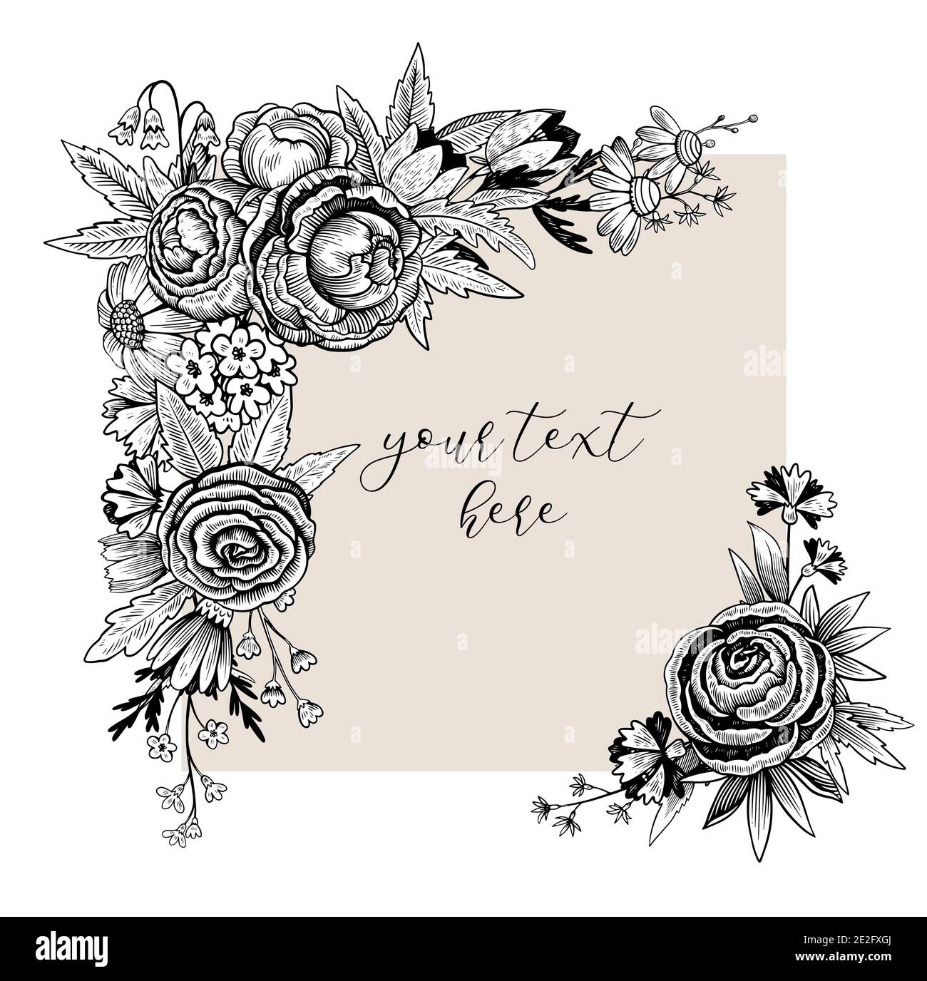 Cute vintage square floral frame. Hand drawn illustration in engraving ...