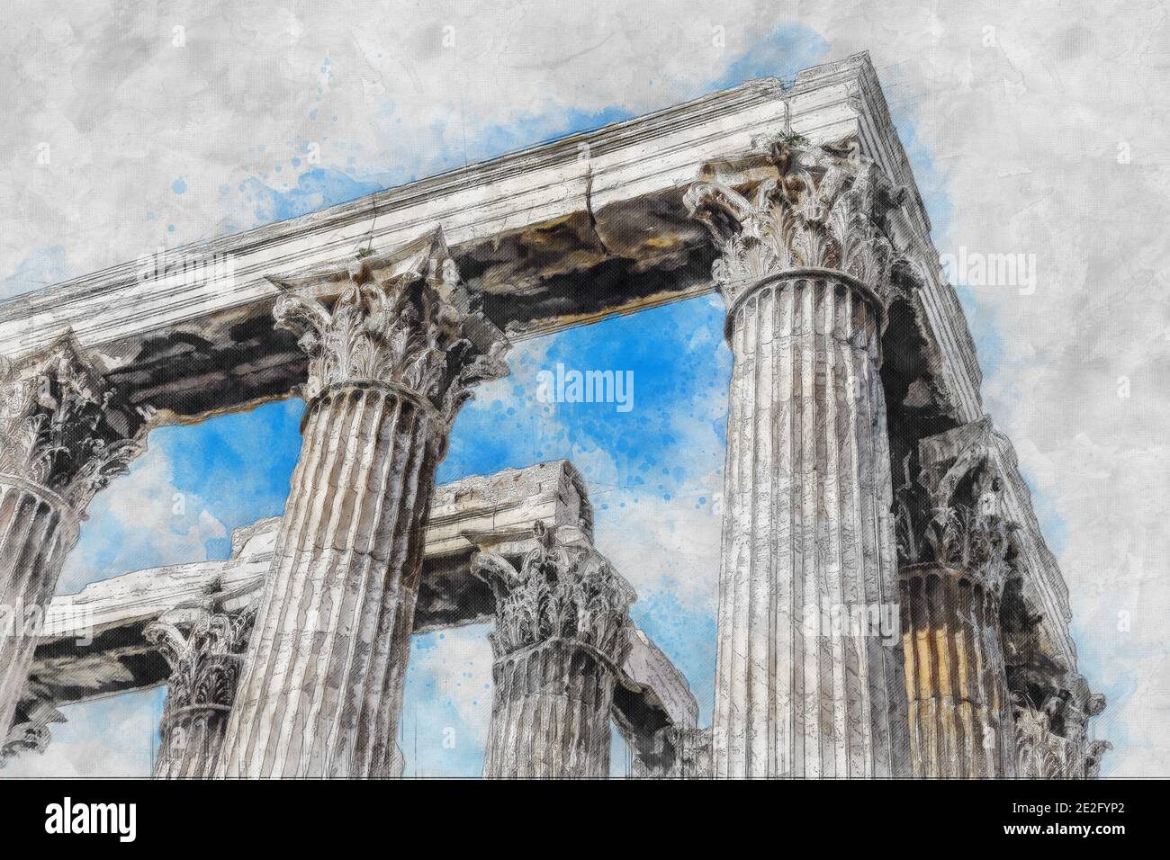 Ancient Sites ruins of ancient temple Zeus, Athens, Greece. Watercolor ...