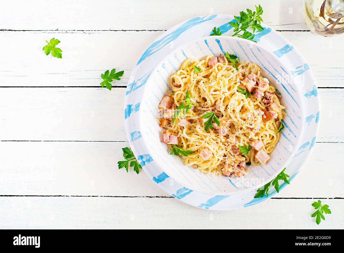 Classic homemade carbonara pasta with pancetta, egg, hard parmesan ...