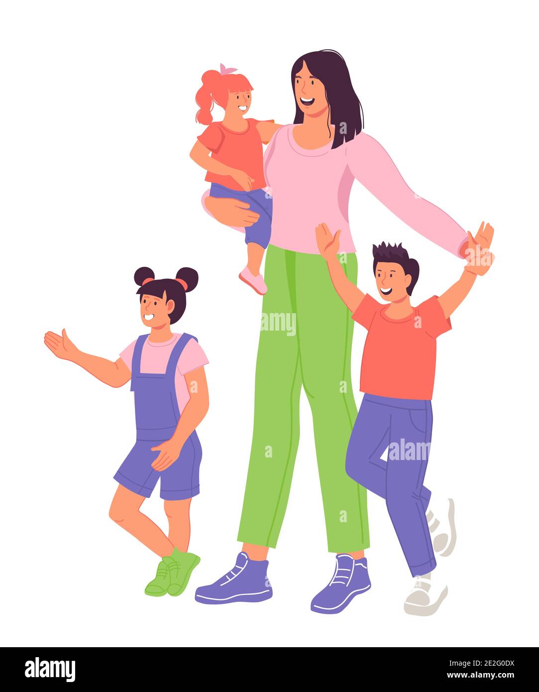 Mother with three kids standing full length, flat vector illustration ...